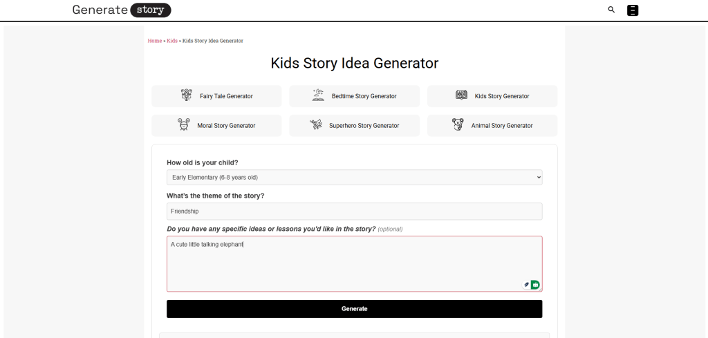 Kids Story Idea Generator [Free, Unlimited]